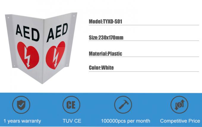 Triangular White AED Wall Sign , V Shape Plastic First Aid AED Sign