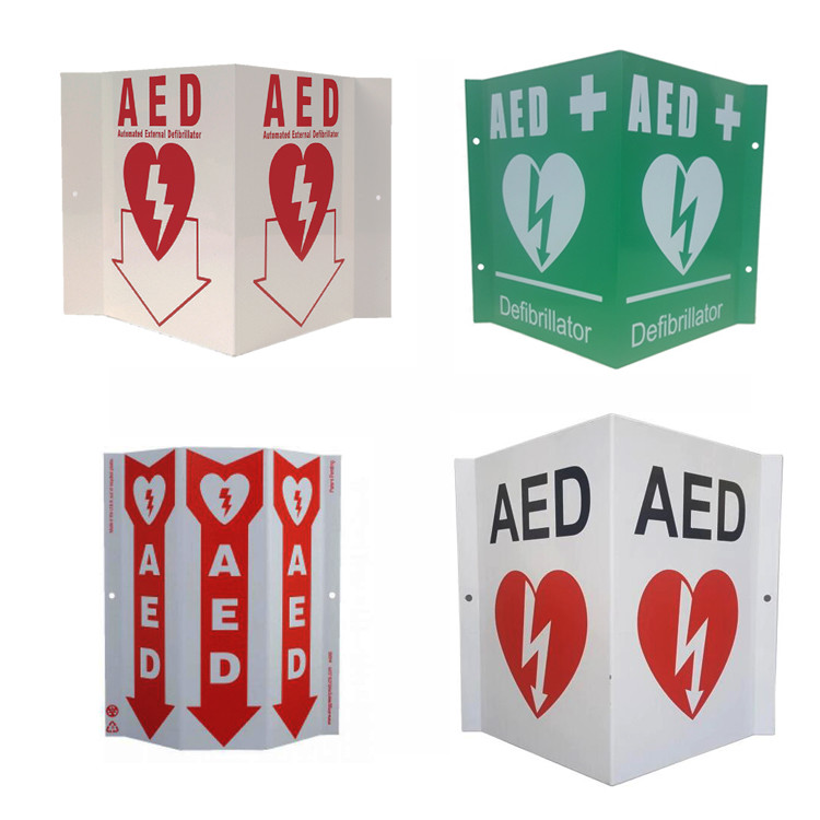 White Wall Mount AED Wall Sign Green Plastic Defibrillator AED V Sign ...